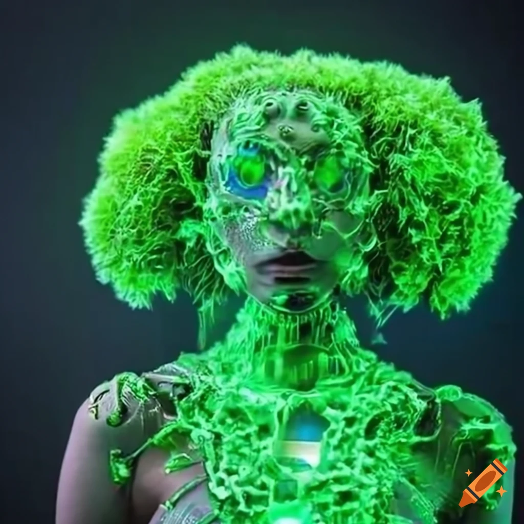 High-tech biopunk cyborg covered in glowing biopunk moss in a ...