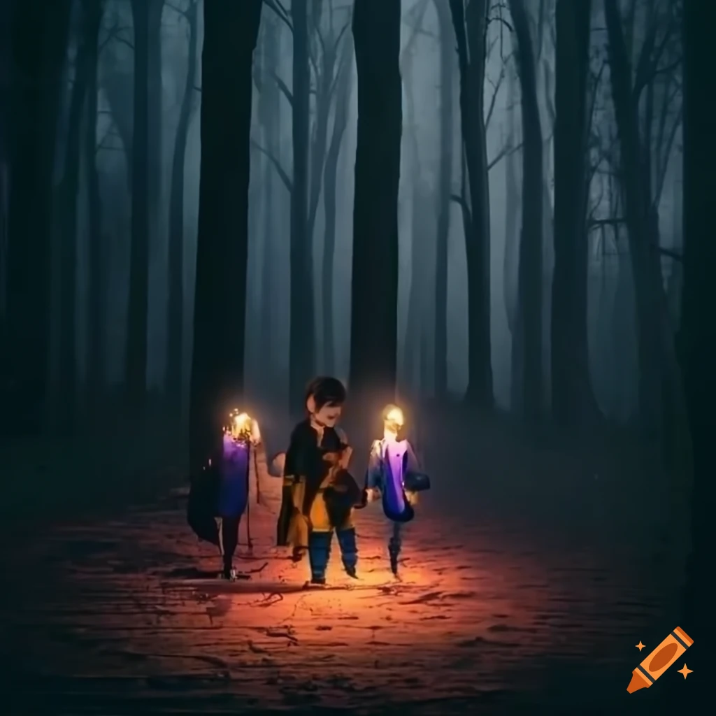 Children carrying lamps through dense forest at night on Craiyon