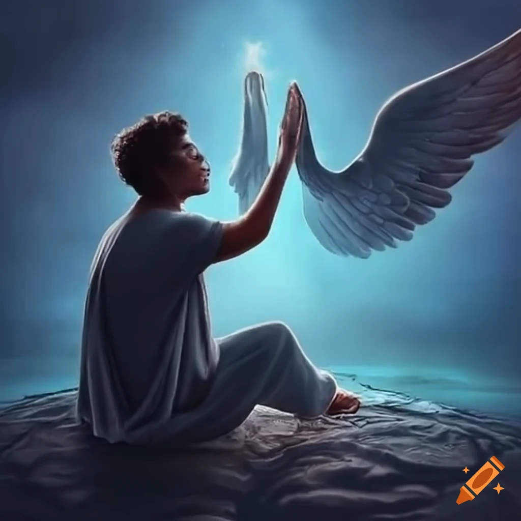 Man praying to angel descending from the heavens on Craiyon