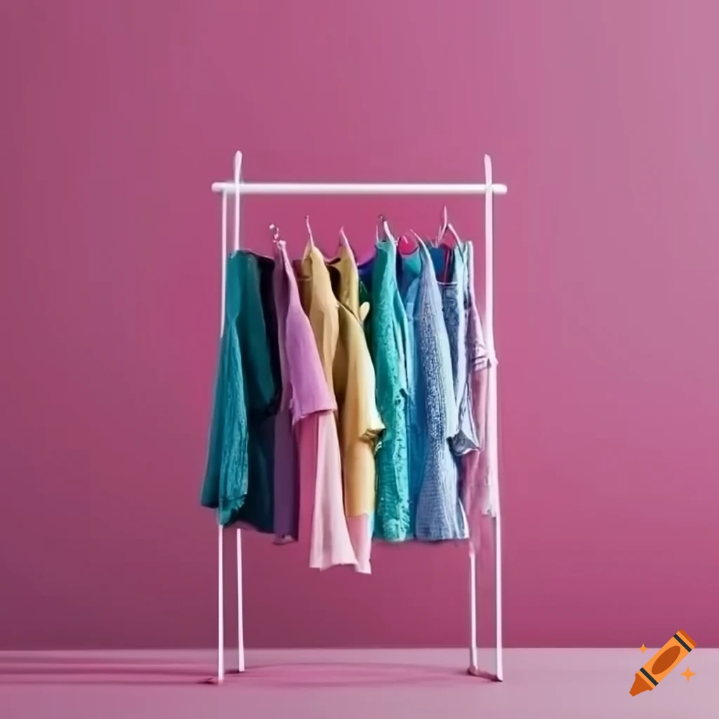 Colorful clothes on a clothing rack against a pink wall background on ...