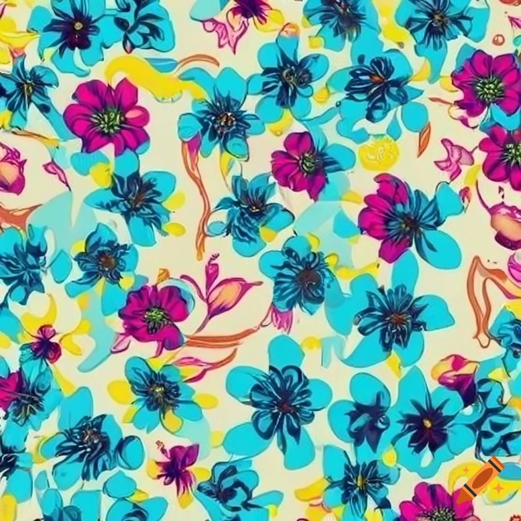 Intricate repeating floral pattern with colorful flowers in pop art ...
