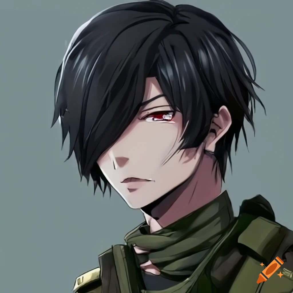 Black hair soldier army adult boy in anime style on Craiyon