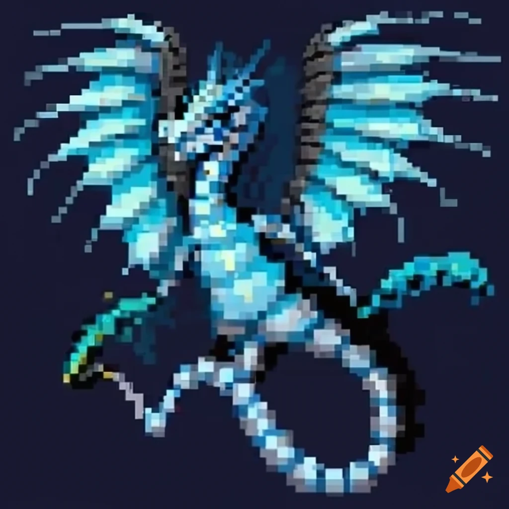 Pixel art of a blue serpent beaked dragon on Craiyon