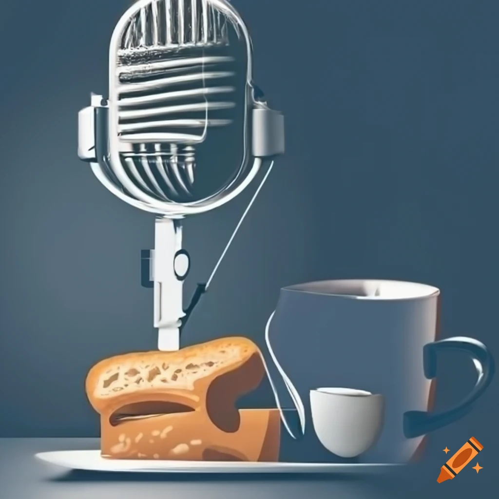 Podcast host with microphone, headphones, coffee, and bread on Craiyon