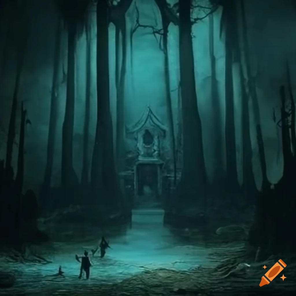 Creepy haunted temple under tall dead trees on Craiyon