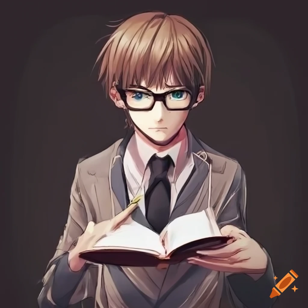 Anime male with spectacles writing a book on Craiyon