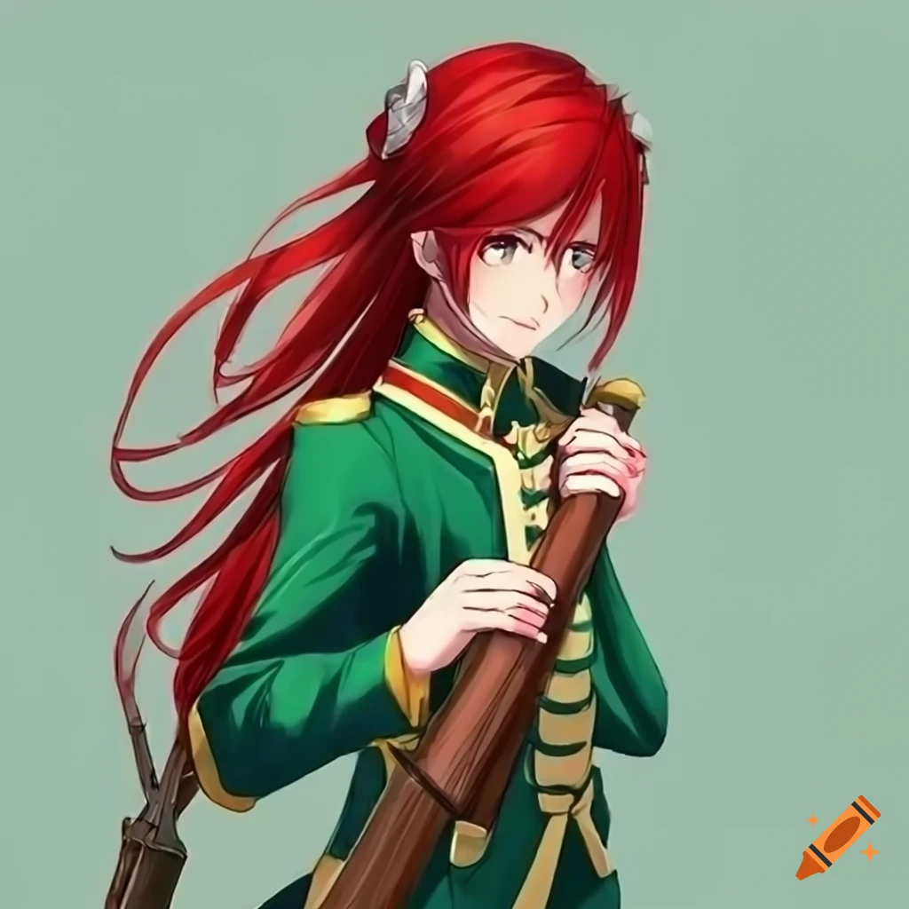 Anime-style woman in revolutionary war uniform holding a musket with ...