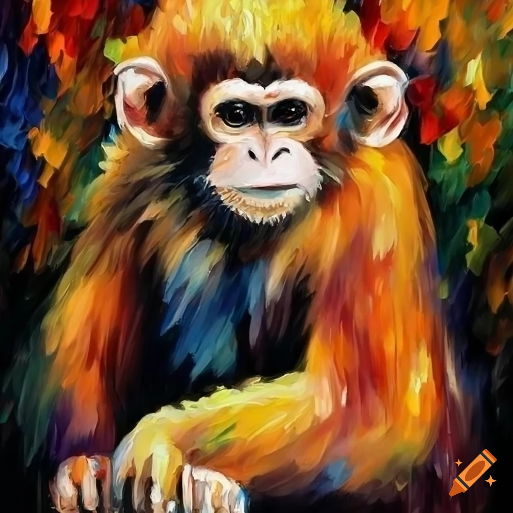 Happy monkey in the painting style of leonid afremov on Craiyon