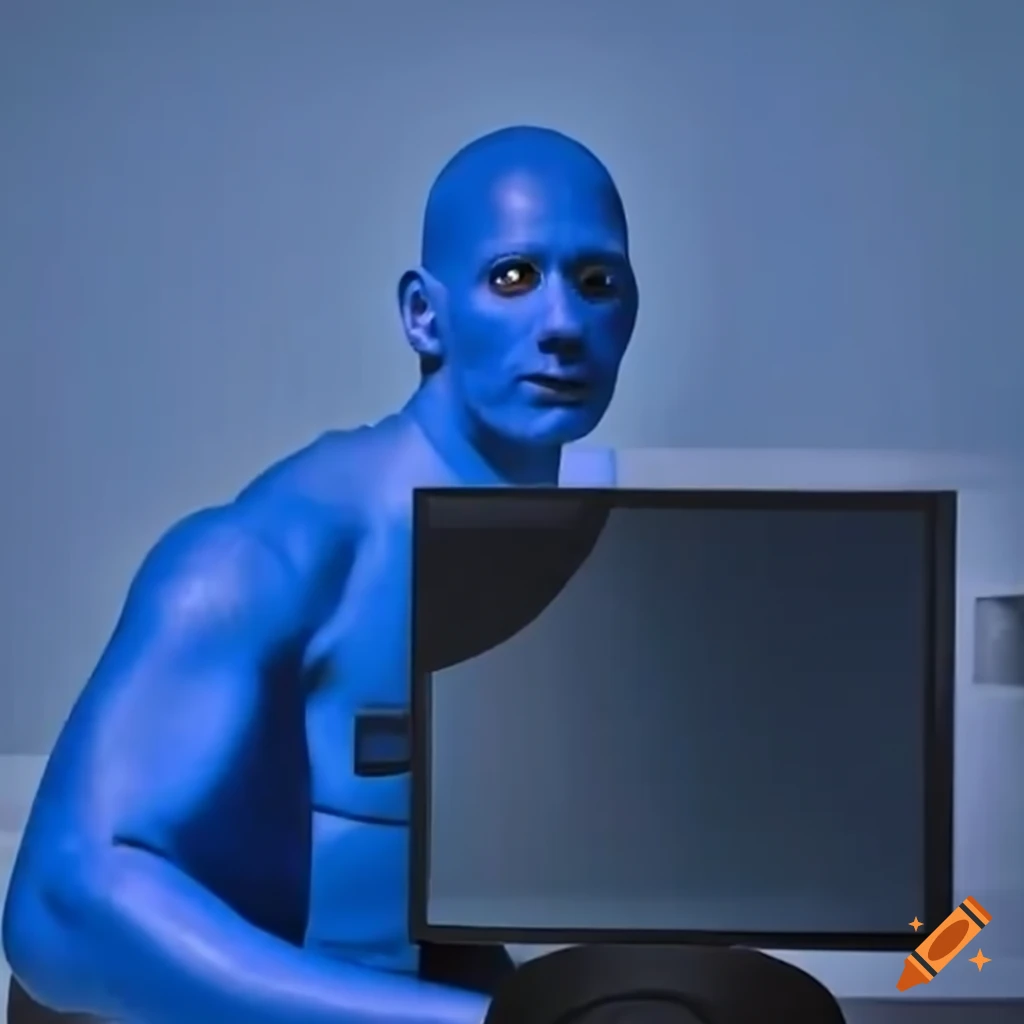 Blue man turning on a tv in a futuristic white room on Craiyon