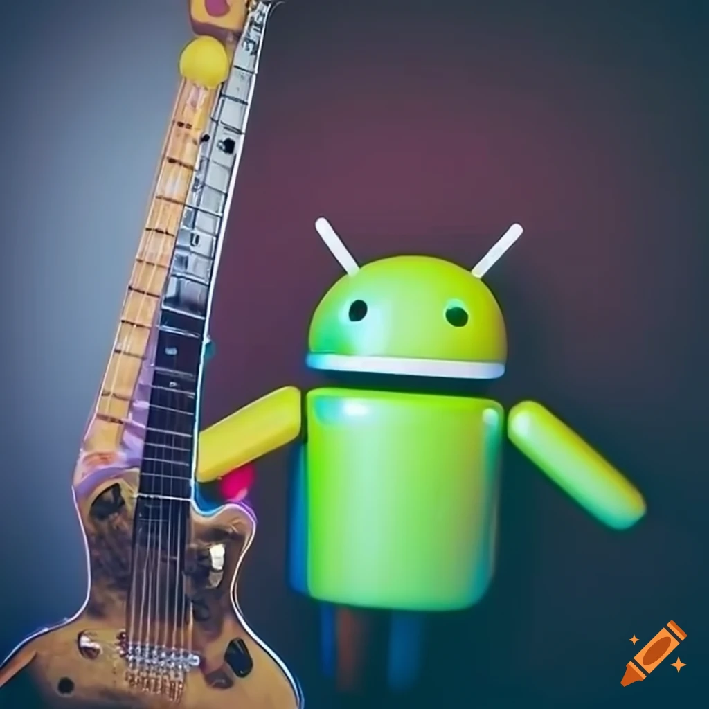 Cheerful android robot logo with vibrant colors on the hand of a guitar ...