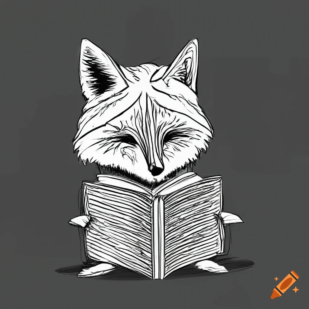 Line drawing of a fox reading a textbook in black and white on Craiyon