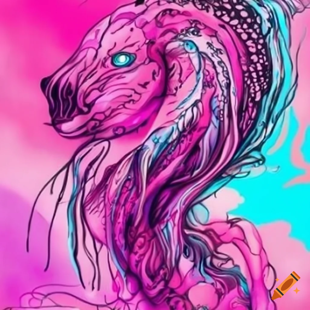Abstract ink illustration of a unique pink creature with flowing mane ...