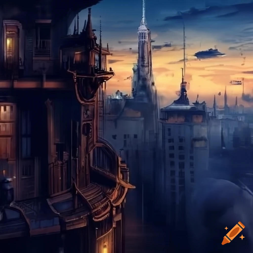 View from a japanese steampunk tall tower-city balcony in a fantasy ...