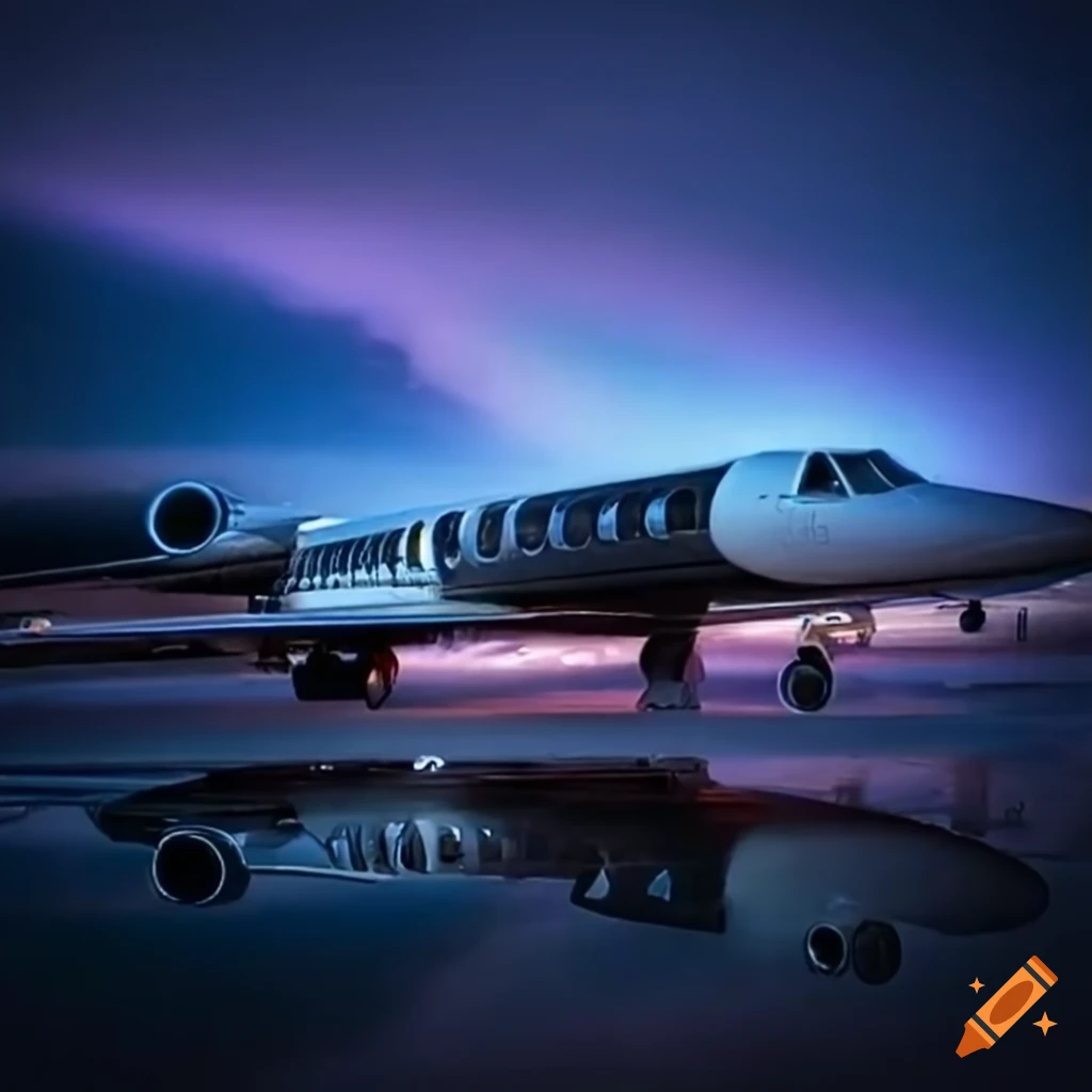 Private jet parked at night outside windows on Craiyon