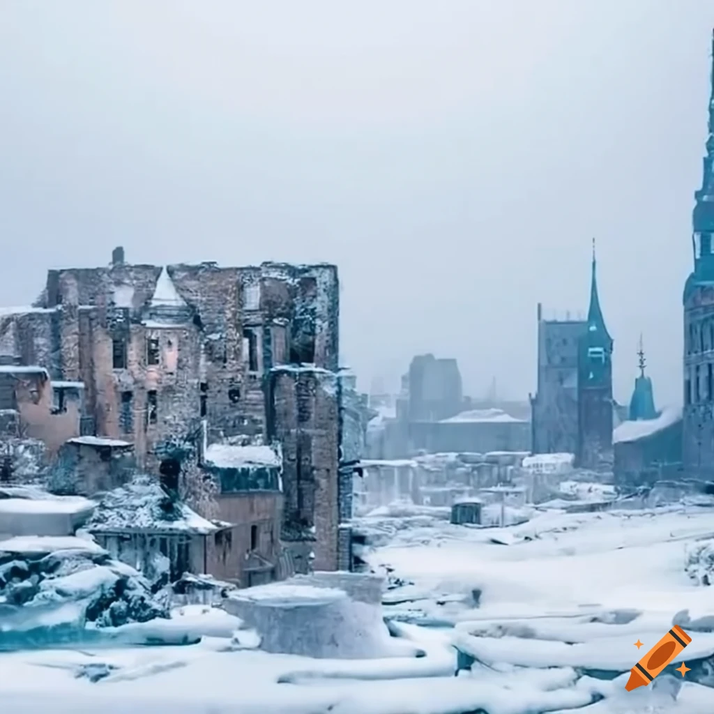Post-apocalyptic tallinn city ruins frozen in ice during a snowstorm on ...