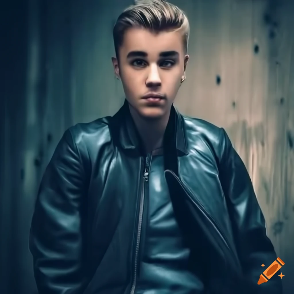 Singer resembling Justin Bieber in black leather jacket and trousers ...