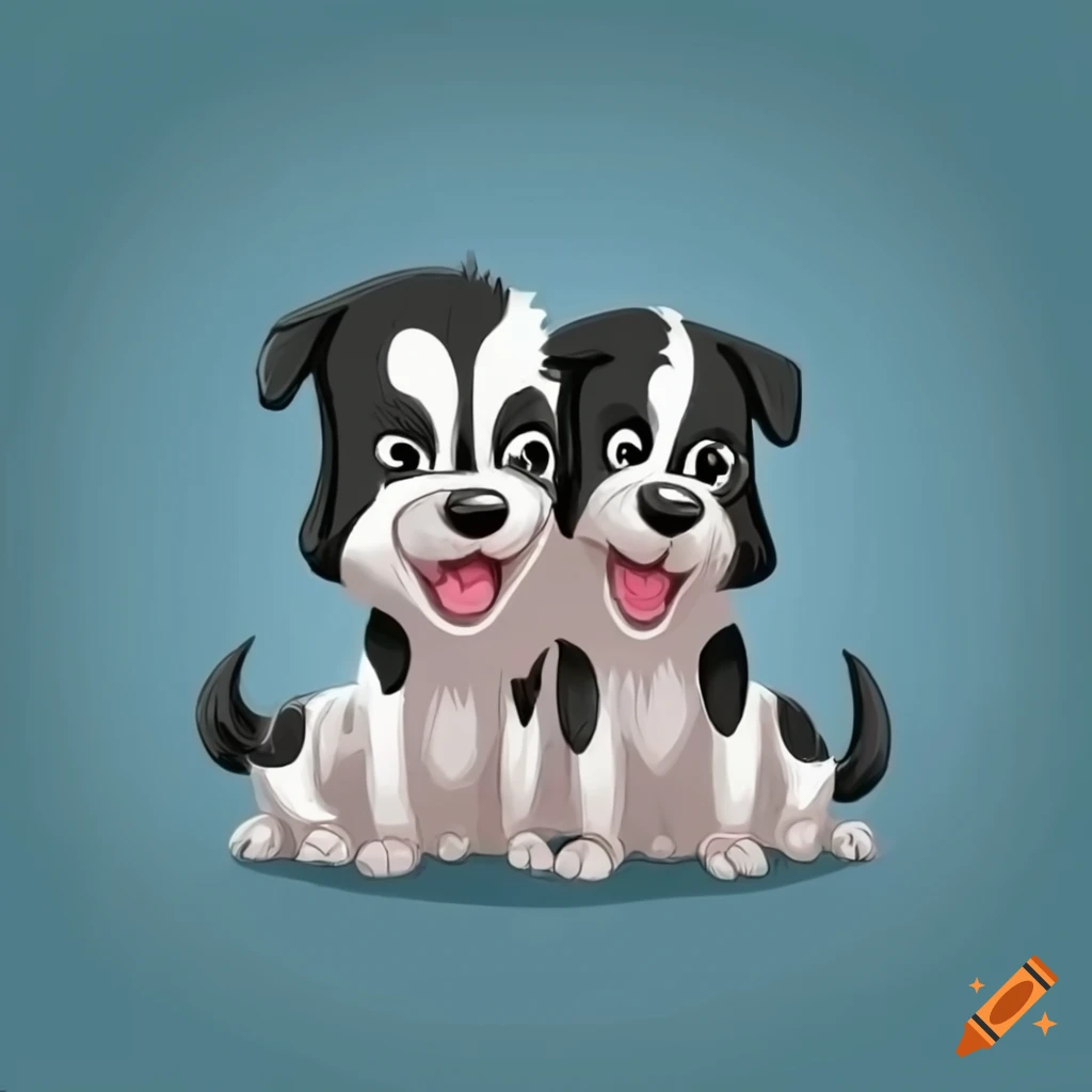 Two hugging black and white dogs in cartoon style on Craiyon