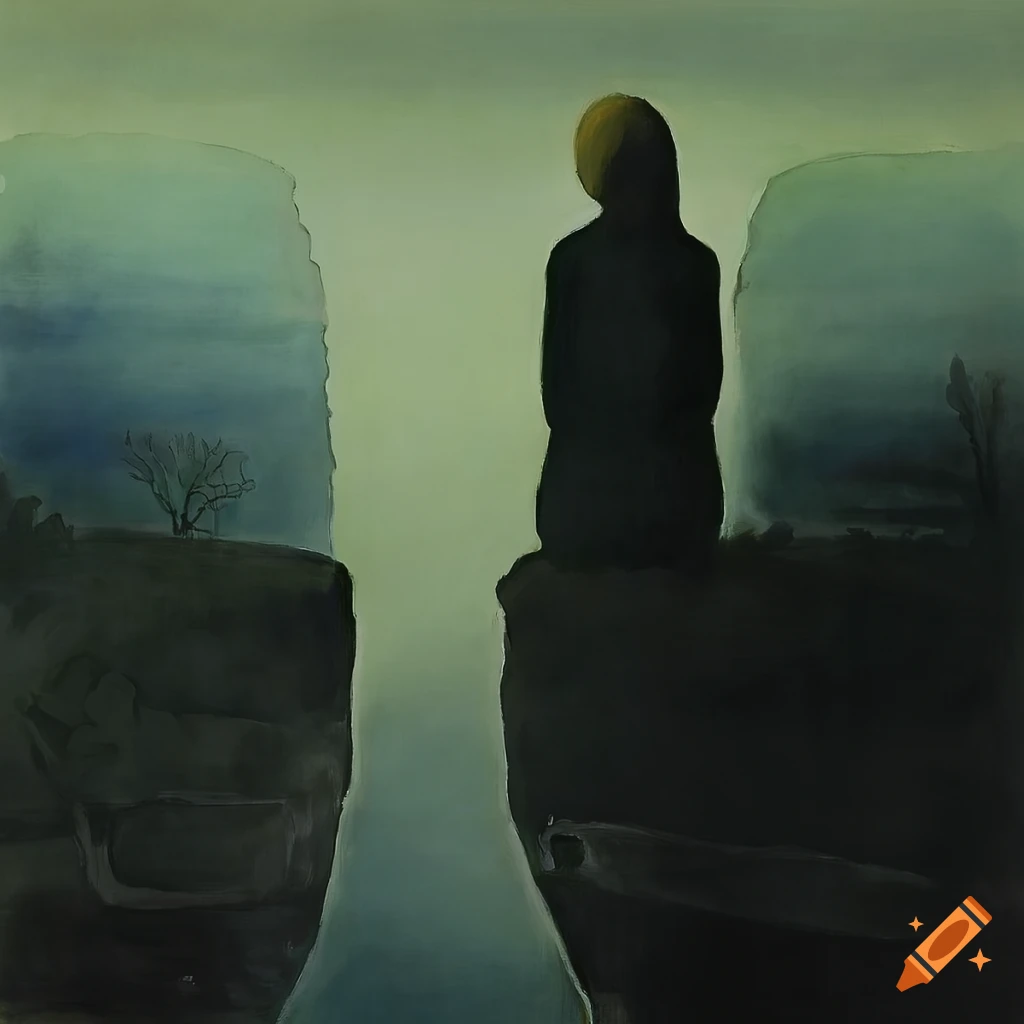 Watercolor landscape painting by rené magritte with white figure on Craiyon