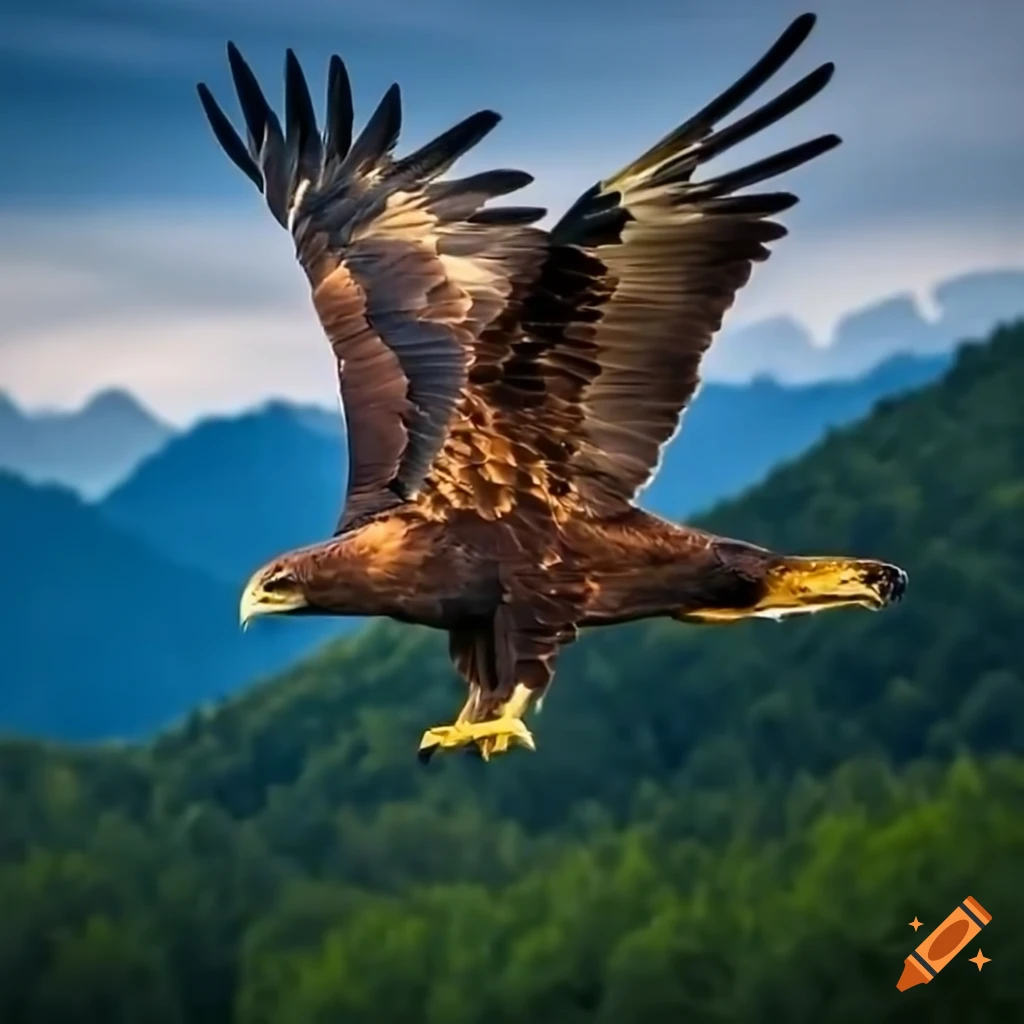 Magnificent golden eagle in flight over mountain ranges on Craiyon