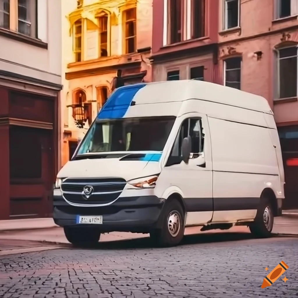 Stylish white sprinter van packed with colorful luggage in a vibrant ...