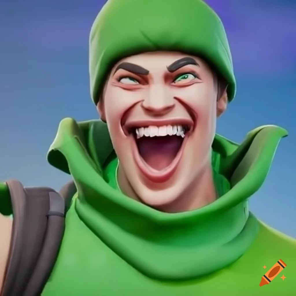 Smiling fortnite branded brawler in green clothes on Craiyon