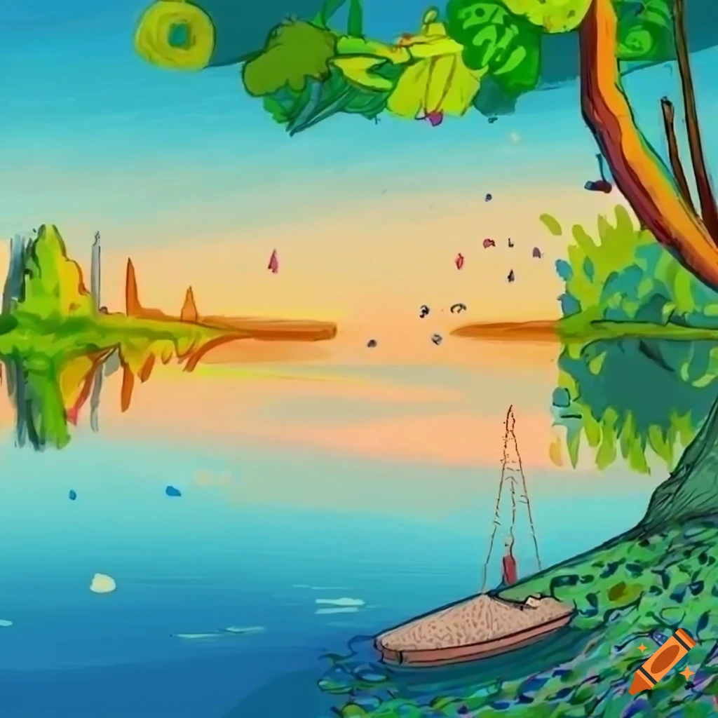 Cartoonish nature scene with a serene lake, trees, and a swing on Craiyon