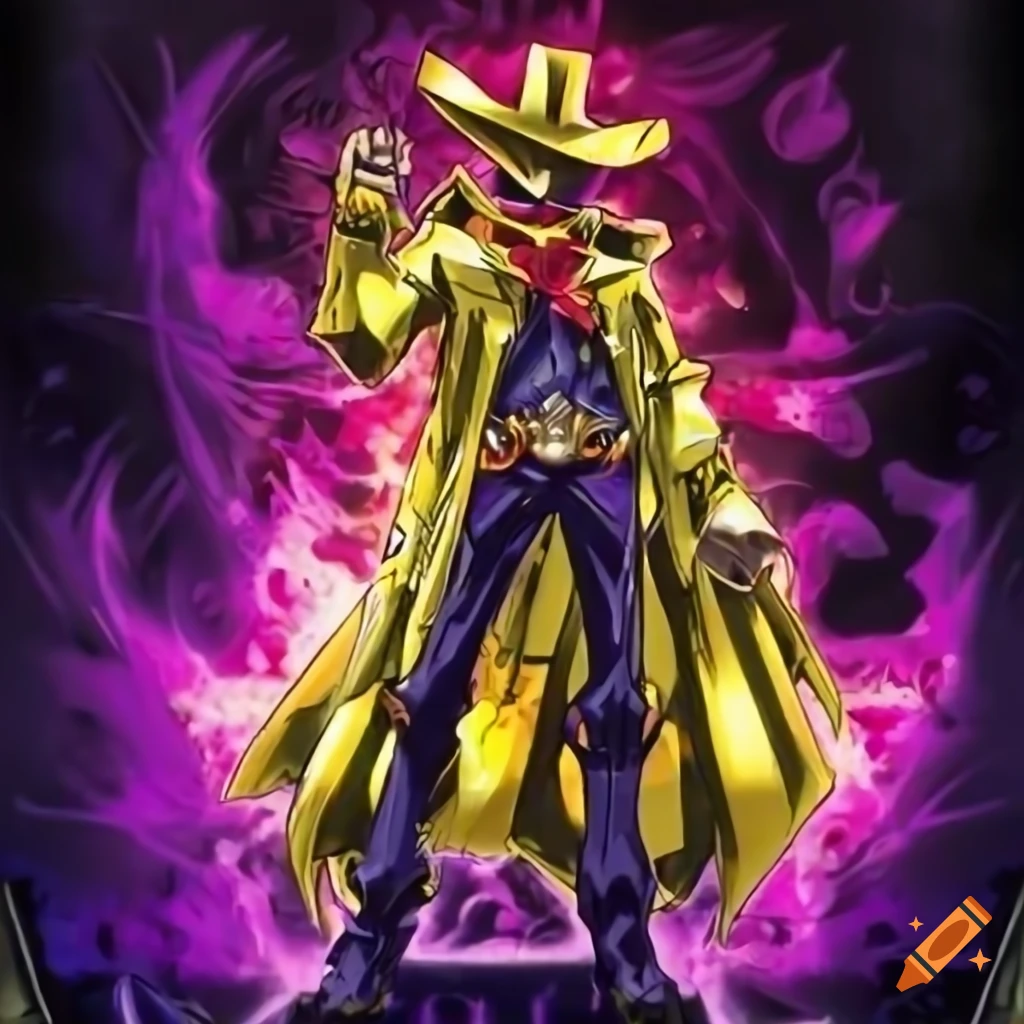 Golden cowboy with purple flames in yugioh card art style on Craiyon