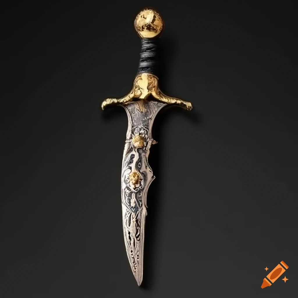 Left-handed dagger made with black metal, gemstones, and gold on Craiyon
