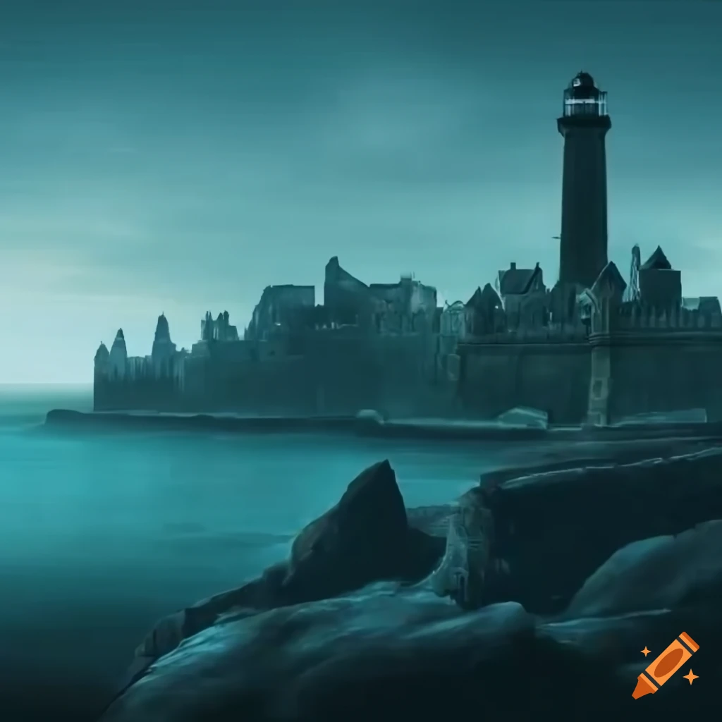 Large coastal fantasy city with gothic castle, lighthouse, and dark ...
