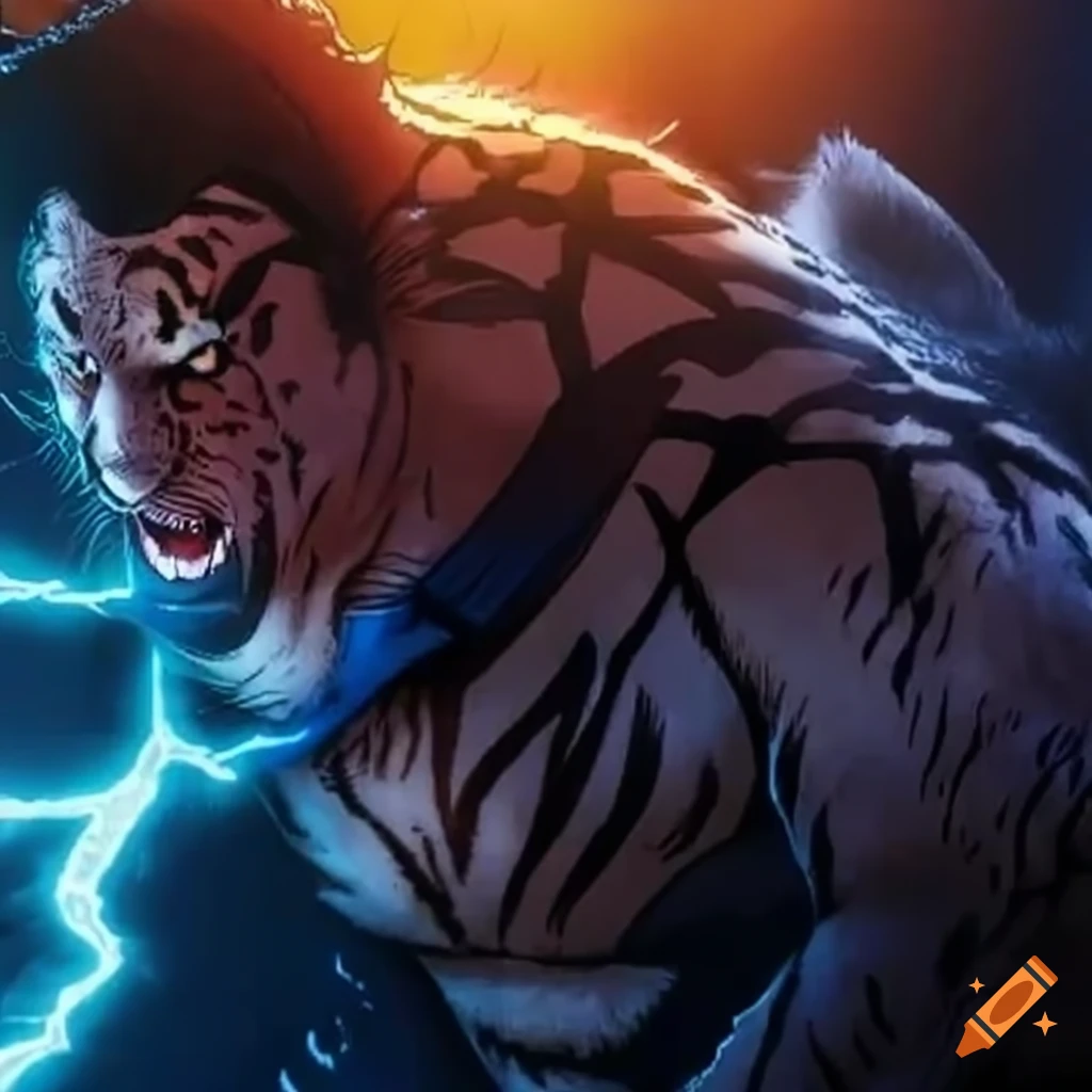 Tiger Thunder Shout superhero conjuring lightning by shouting on Craiyon