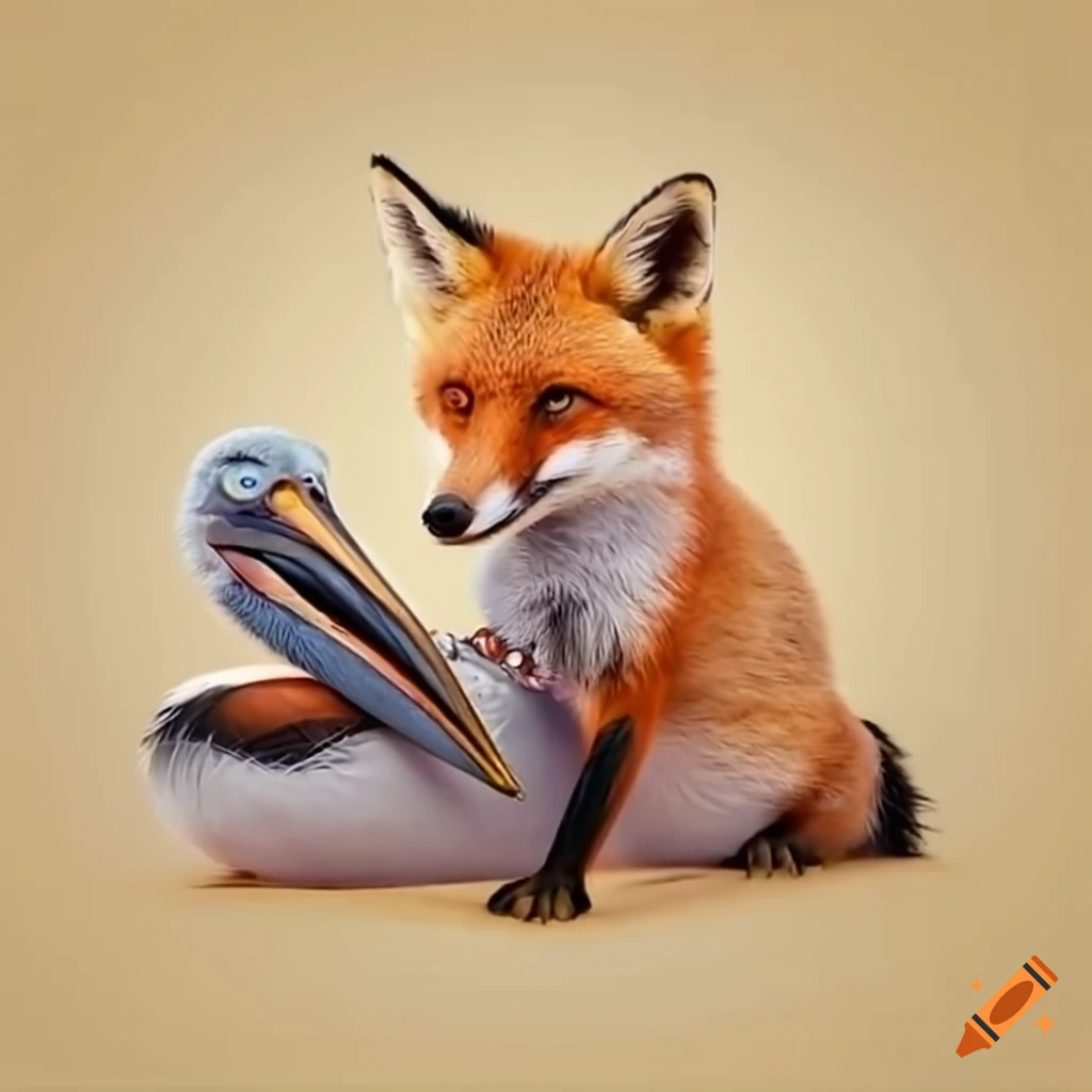 Playful fox cuddling with a friendly pelican over a feast on Craiyon