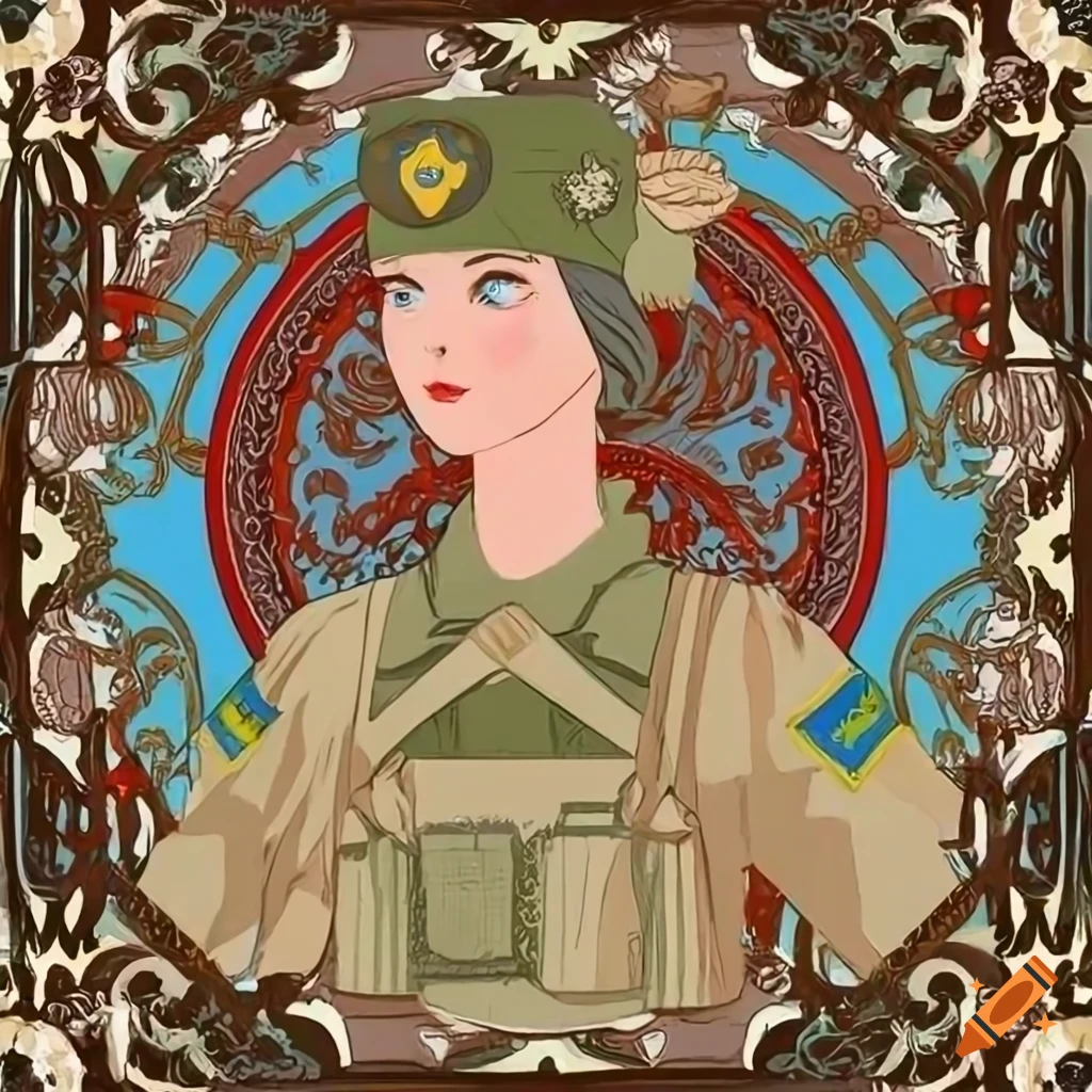 Ukrainian female soldier in Alfons Maria Mucha style in a mandala ...