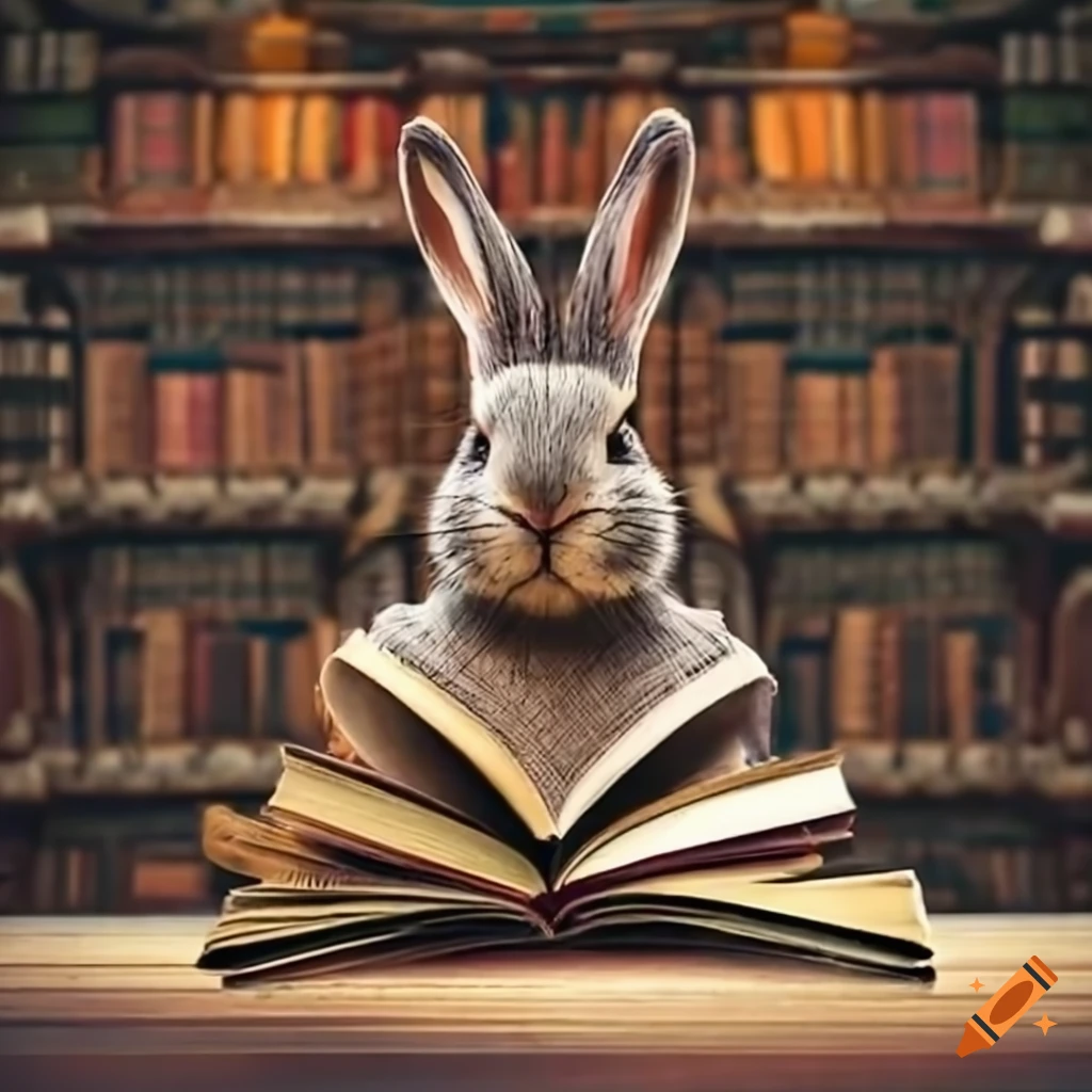 Rabbits reading books in an ancient library on Craiyon