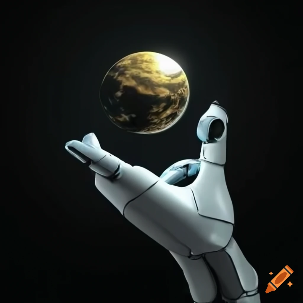 Grey robotic hand holding a black and gold technical planet on Craiyon