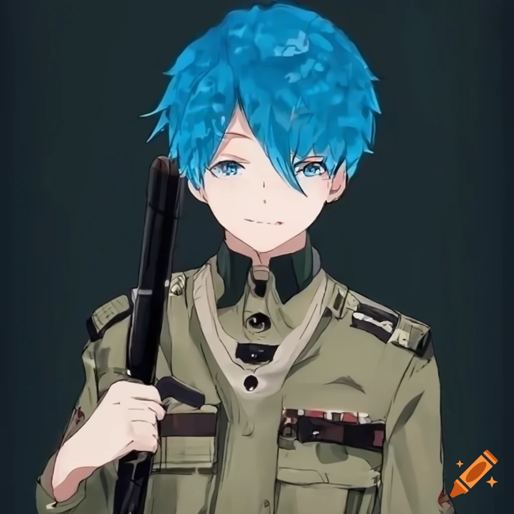Blue-haired boy in army uniform from anime on Craiyon