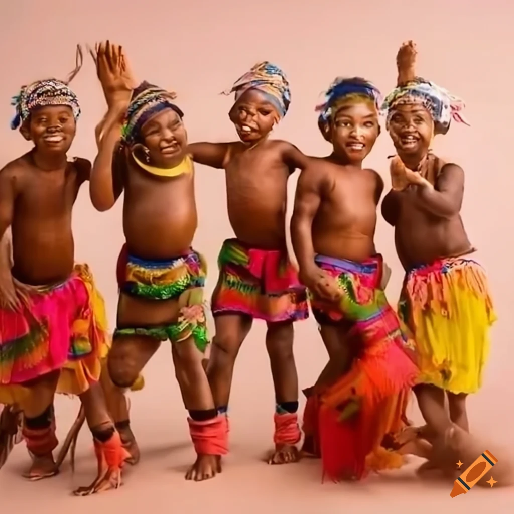 Cheerful pygmy people dancing and smiling in colorful loompaland ...