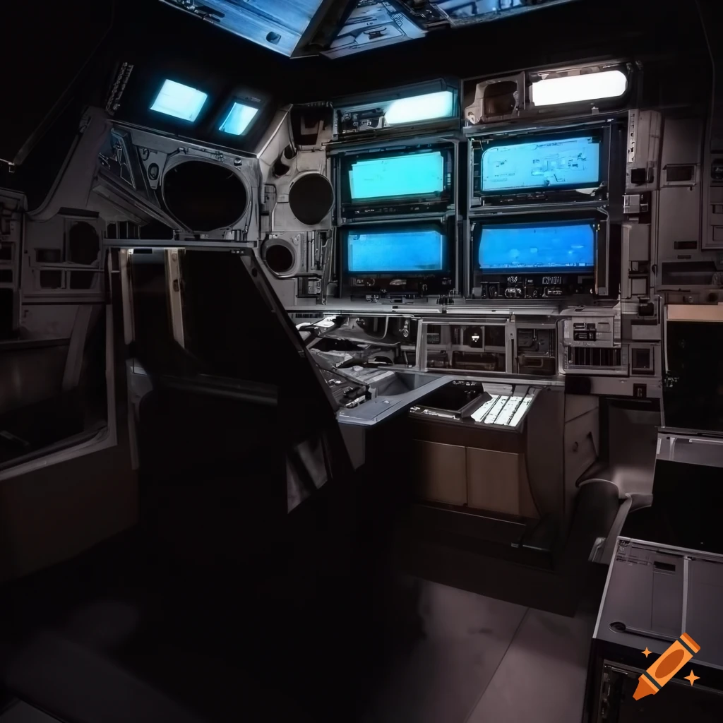 3/4 view of a furnished sci-fi spaceship control room with consoles ...