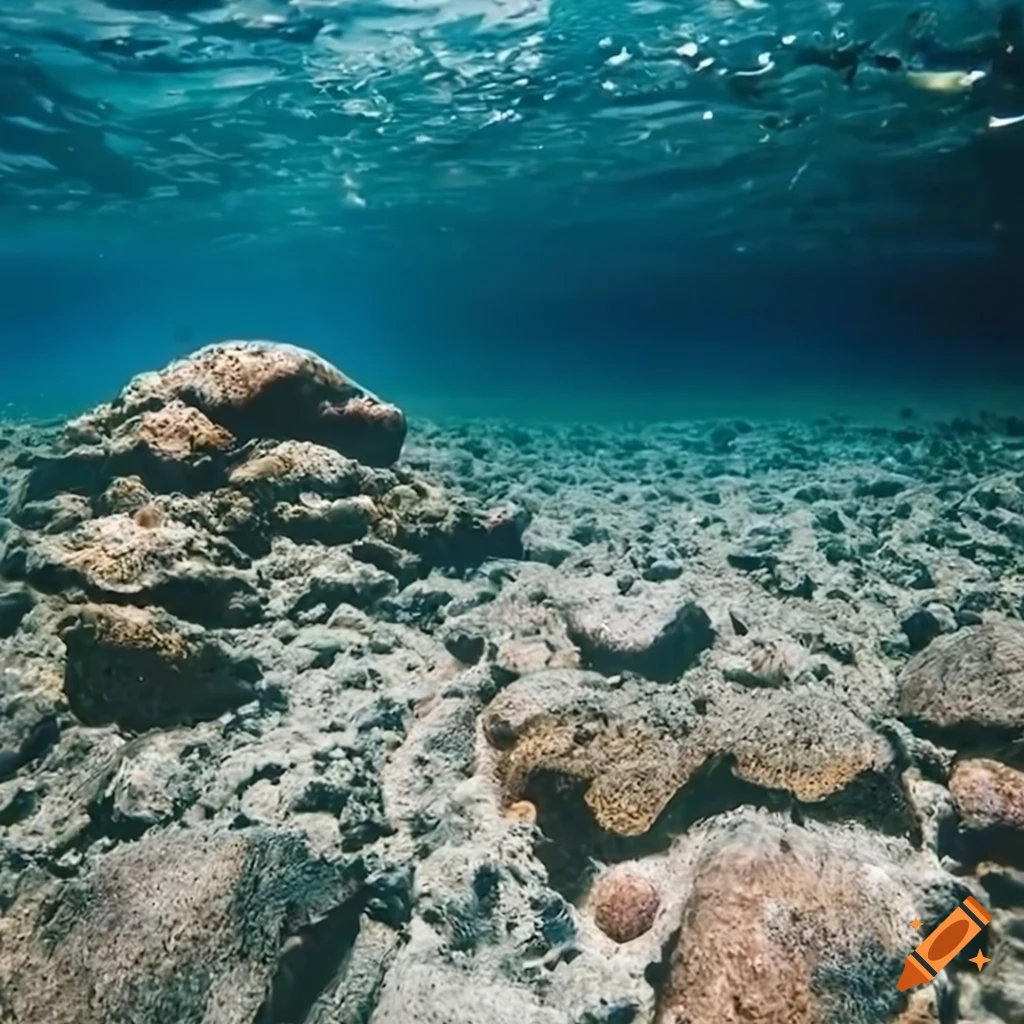 Eerie underwater ocean environment with rocks and sand on Craiyon