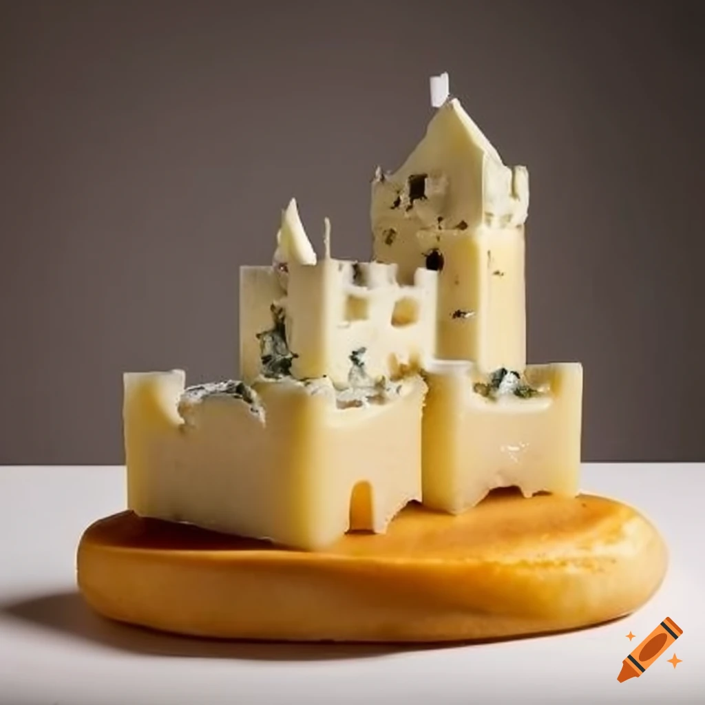 Cheese castle made of various cheeses on Craiyon