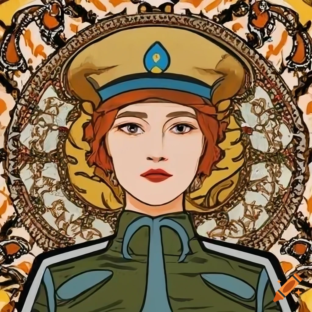 Ukrainian female soldier in Alfons Maria Mucha style in a mandala ...