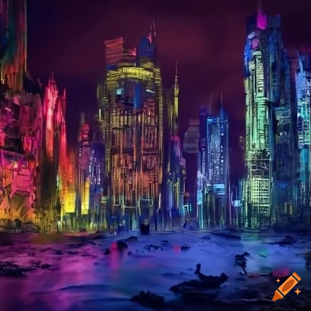 Colorful biopunk cityscape with glowing plants and moss-covered ...