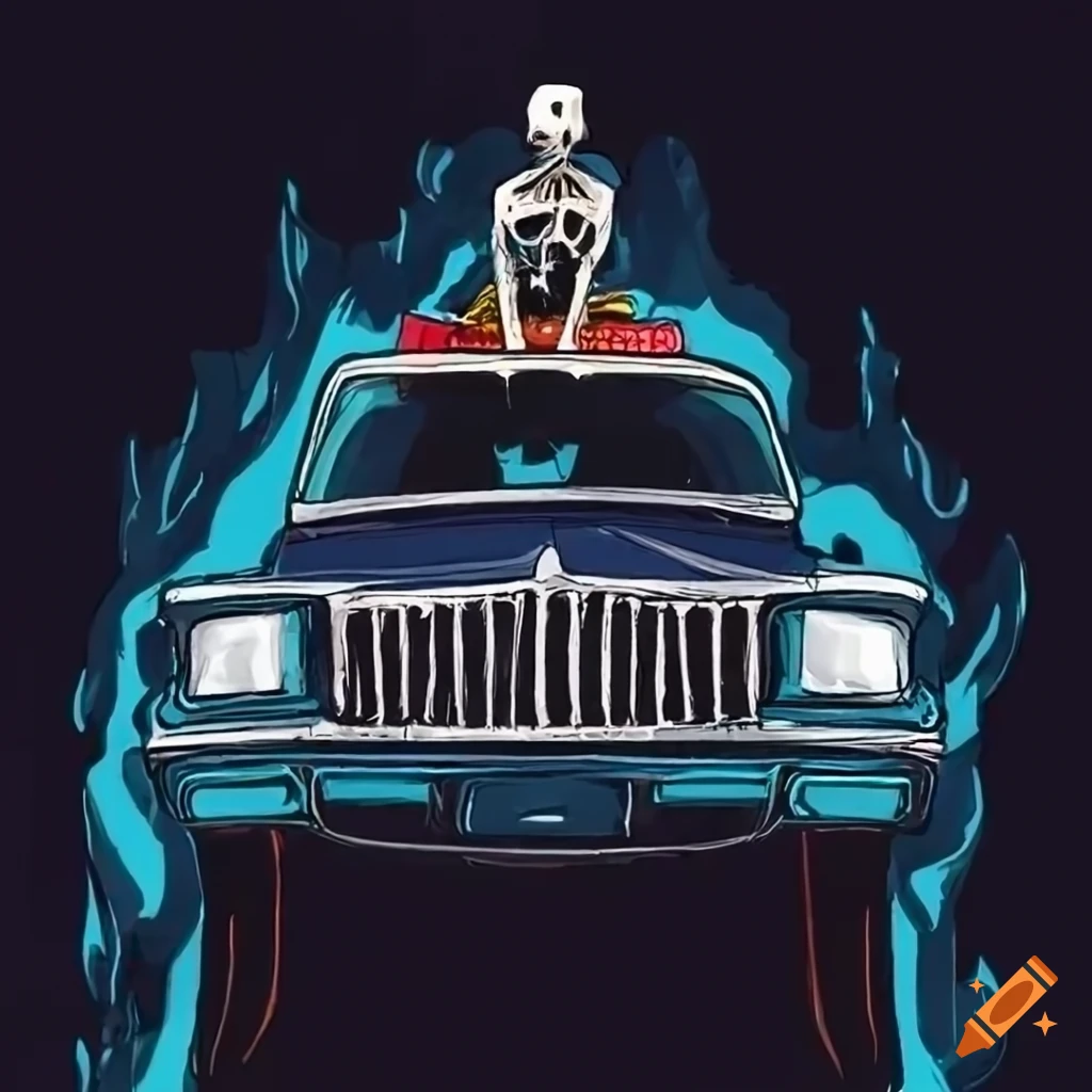 Skeleton driving a car evading the police in street style drawing on ...