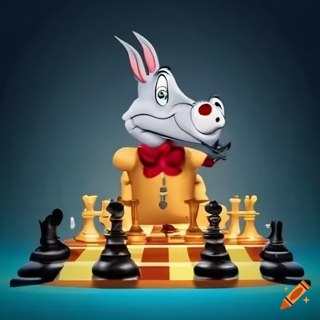 Cartoon donkey playing chess against a clown on Craiyon
