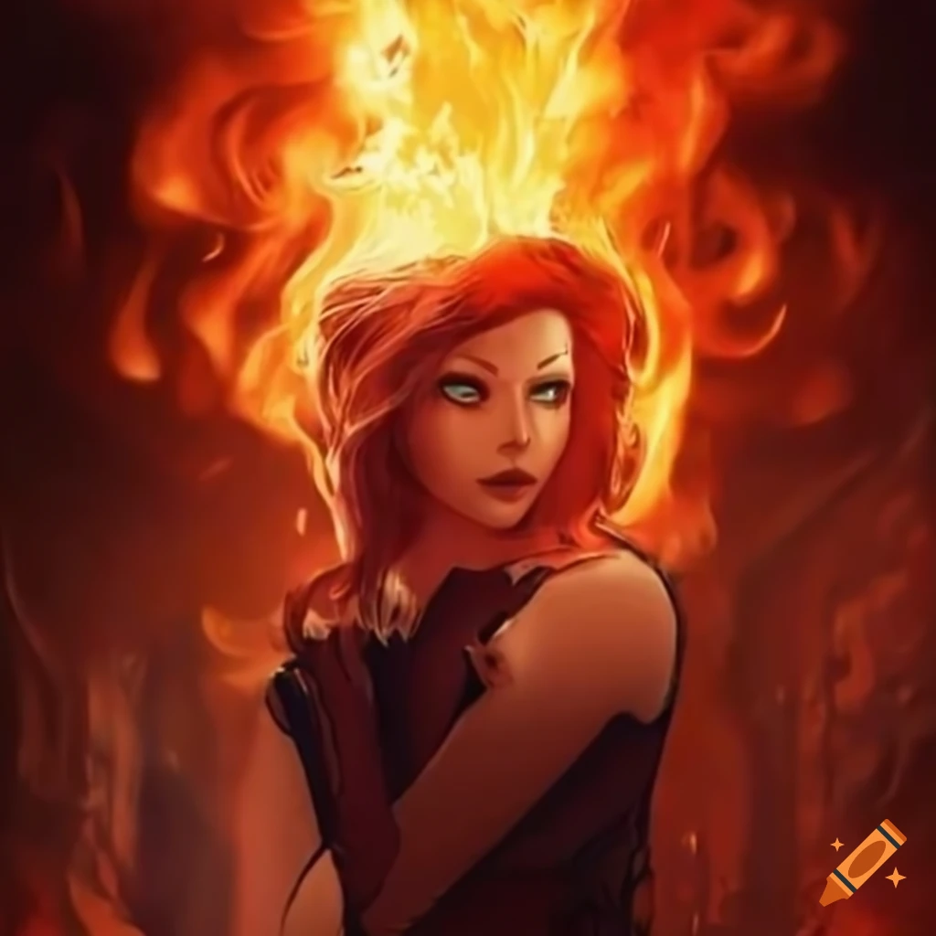 Female fire villain with orange eyes and red hair using fire powers on ...