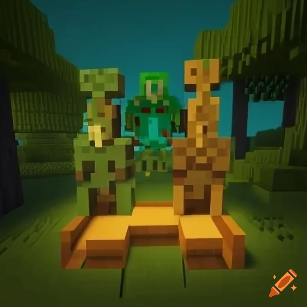Statues of the forest, sun, and wind gods in minecraft on Craiyon