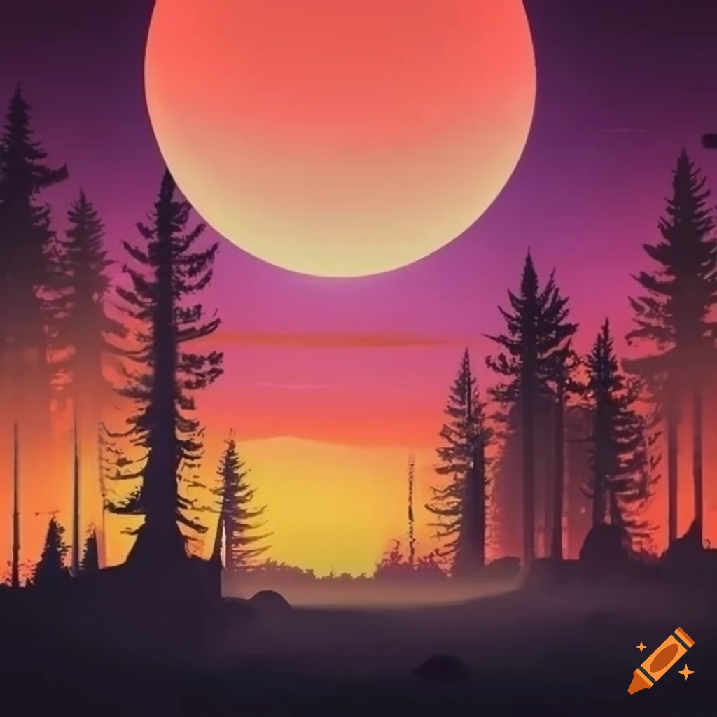 Sunset forest in sci-fi retro art style on Craiyon