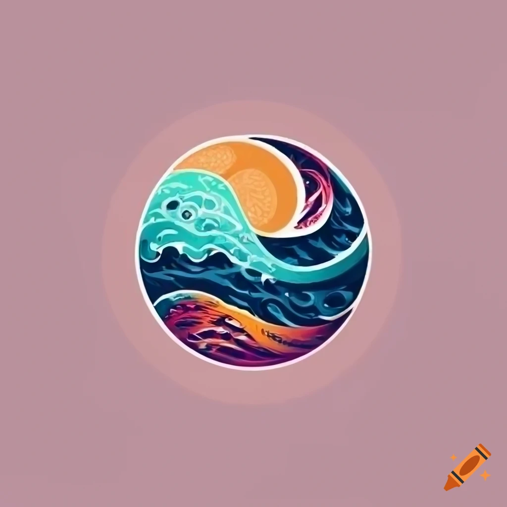 Simple round ocean logo with waves, fish, and sea creatures on Craiyon