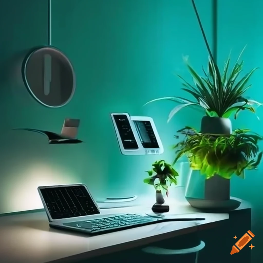 Personal computer office workspace with surrounding plants on Craiyon