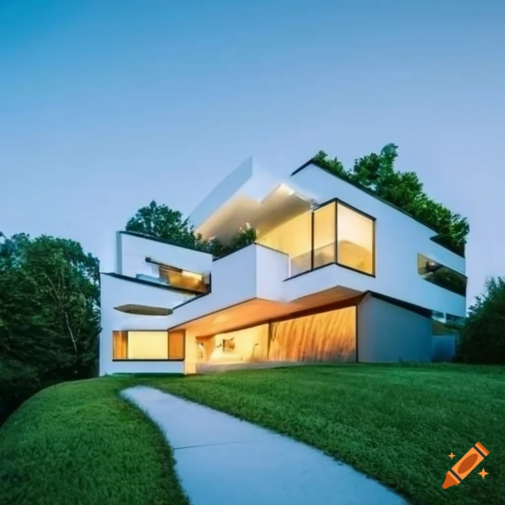 Sleek modern architecture home surrounded by greenery under clear blue ...