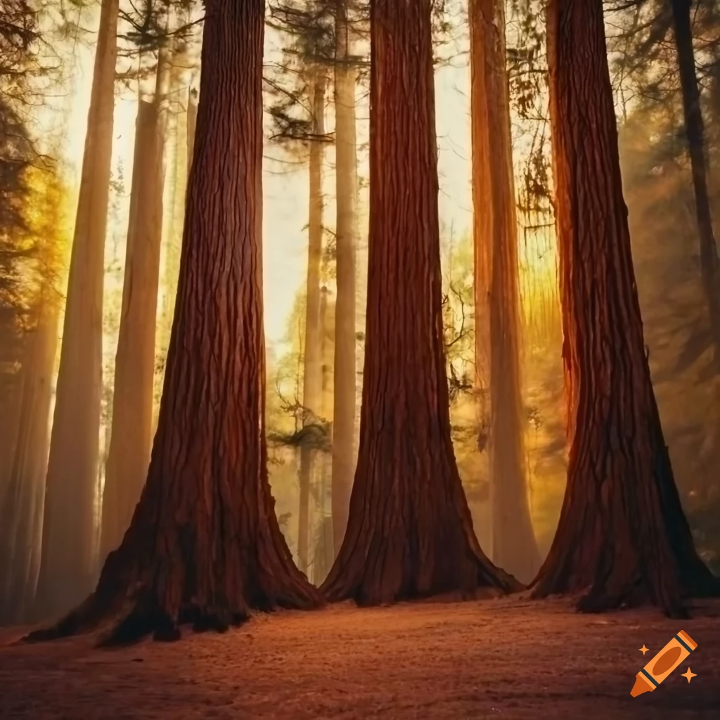 Front view of three large redwood trees during golden hour on Craiyon
